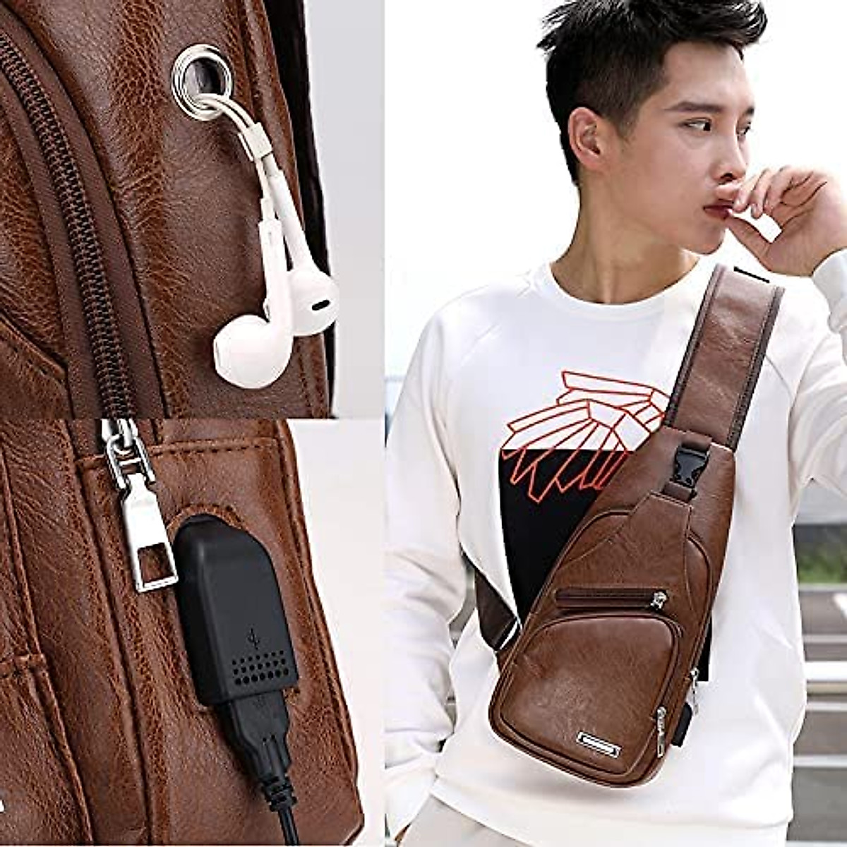 Men's Leather Sling Bag Multipurpose Daypack Shoulder Chest Crossbody Bag Black with USB Charging Port (Brown)