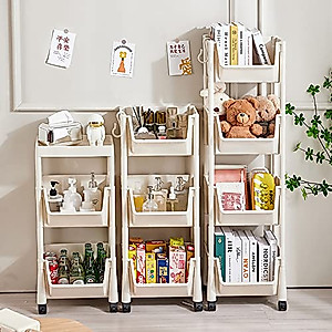 Item Shelf Bookshelf with Wheels, Large Storage Easy Assemble 3-Tier 4-Tier Shelf with Lockable Wheels Standing Strong Structure Movable Design for Family Room Students Office Working (4-Tier, A)