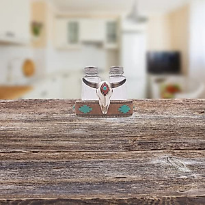 Salt and Pepper Set Holder with a Cow Skull Design, Southwestern Décor, Shakers Included, 4.75 Inches
