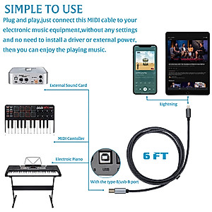 WORLDBOYU Lightning to MIDI Cable USB OTG Type B Cable for Select iPhone, iPad Models for Midi Controller, Electronic Music Instrument, Midi Keyboard, Recording Audio Interface (6FT)