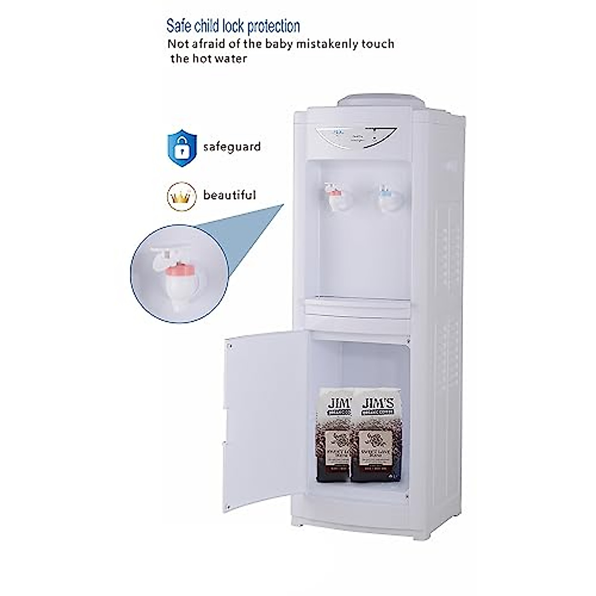 Hot & Cold Water Dispenser，Water Cooler Dispenser 5 Gallon Top-Loading Water Coolers with Child Safety Lock Removable Drip Tray & Storage Cabinet for Home Office (White)