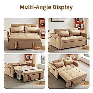 NIOIIKIT 3-in-1 Convertible Sleeper Sofa Bed, Modern Velvet Loveseat Sofa Couch, Chaise Lounge with Adjustable Backrest, Pillows, Pocket, Pull Out Bed for Living Room, Bedroom (Khaki)