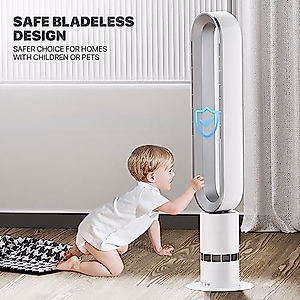 mollie 38-Inch Quiet Oscillating Bladeless Tower Fan Remote Control Bedroom Office Home Room Indoor 9H Timer 10-Speeds Modes Electric Household Summer Cooling Floor Standing Leafless Fan White