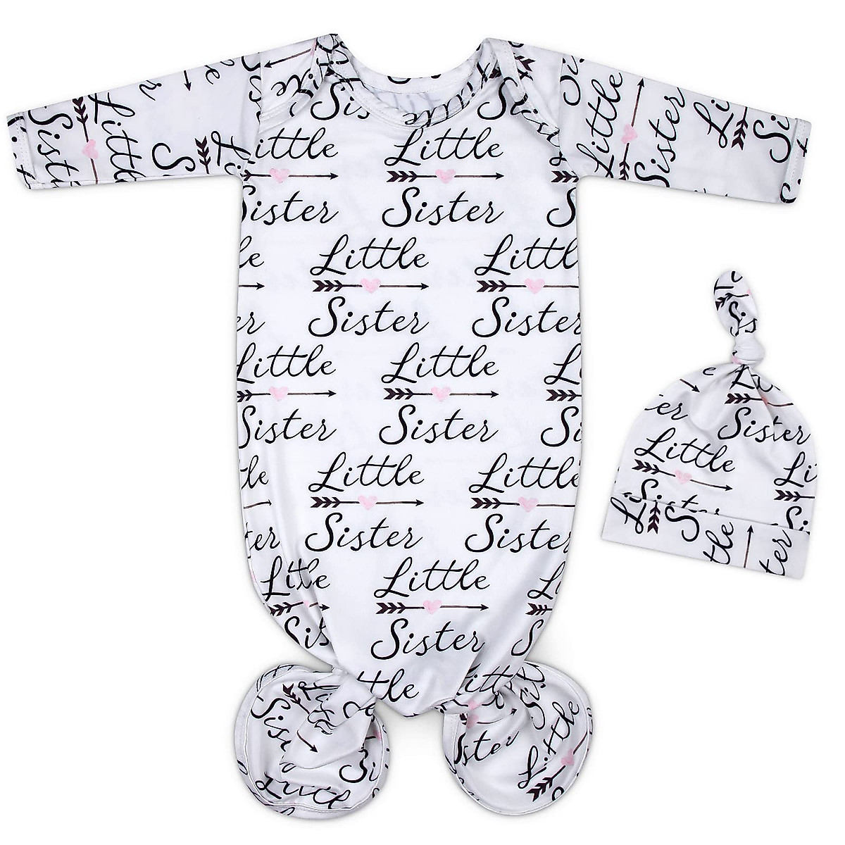 Mikccer Baby Newborn Knotted Gown 0-6 Months, Soft Breathable Sleeper Gowns, Babies Girl Coming Home Outfit Infant Little Sister Nightgowns with Hat Set