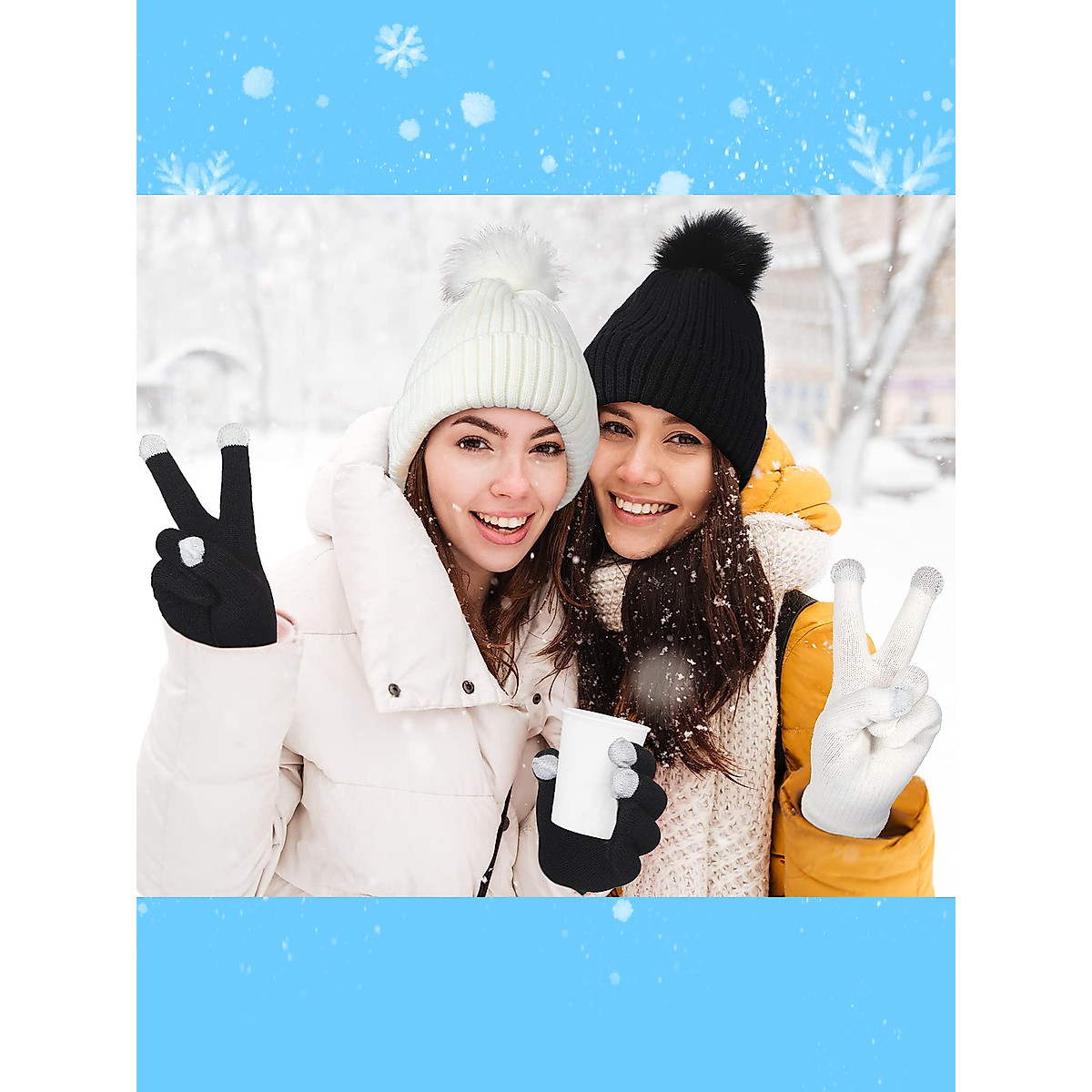 4 Pieces Womens Winter Satin Lined Knit Pom Beanie Hats Touchscreen Gloves Set