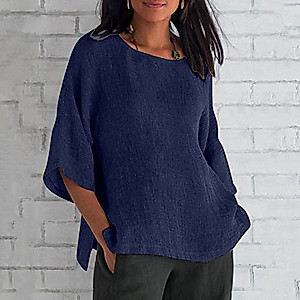 Ceboyel Women's Cotton Linen Tunic Shirts Dandelion Print Summer Tops 3/4 Sleeve Blouse Tshirts Bohemian Style Clothes 2023 Cotton Linen Tops for Women 2023 Navy 2X