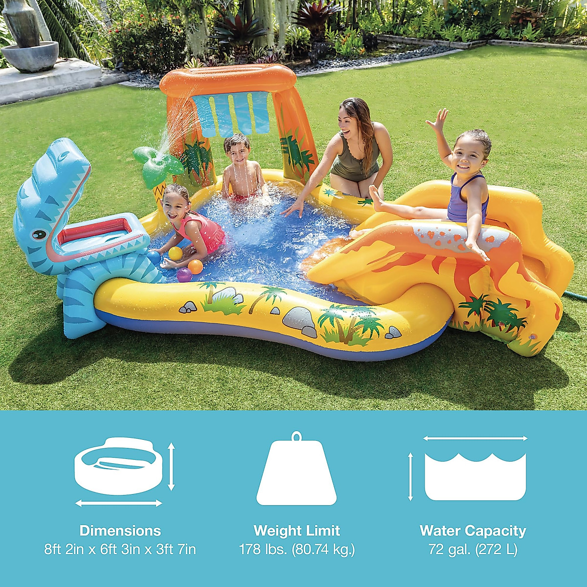 Intex Dinoland Play Center Kiddie Inflatable Pool and Dinosaur Water Splash Swimming Pool with Water Sprayers, Waterfalls, Slides, and Games