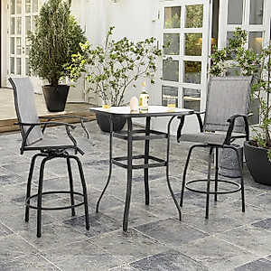 NUU GARDEN 3 Piece Outdoor Patio Bar Set, Patio Bar Furniture Set, Outdoor Tempered Glass Square Bar Table and Textilene Swivel High Backrest Bar Stools for Patio, Garden, Backyard, Gray and Black