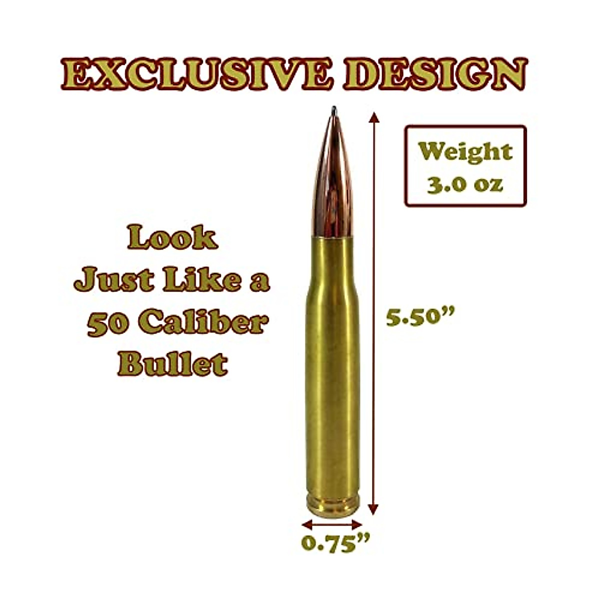 Caliber Gourmet Bullet Twist Pen, 50 Caliber Brass Bullet Design, Twist Open, in Gold, Perfect for Hunters, Military, Outdoorsman, Father's Day Gift