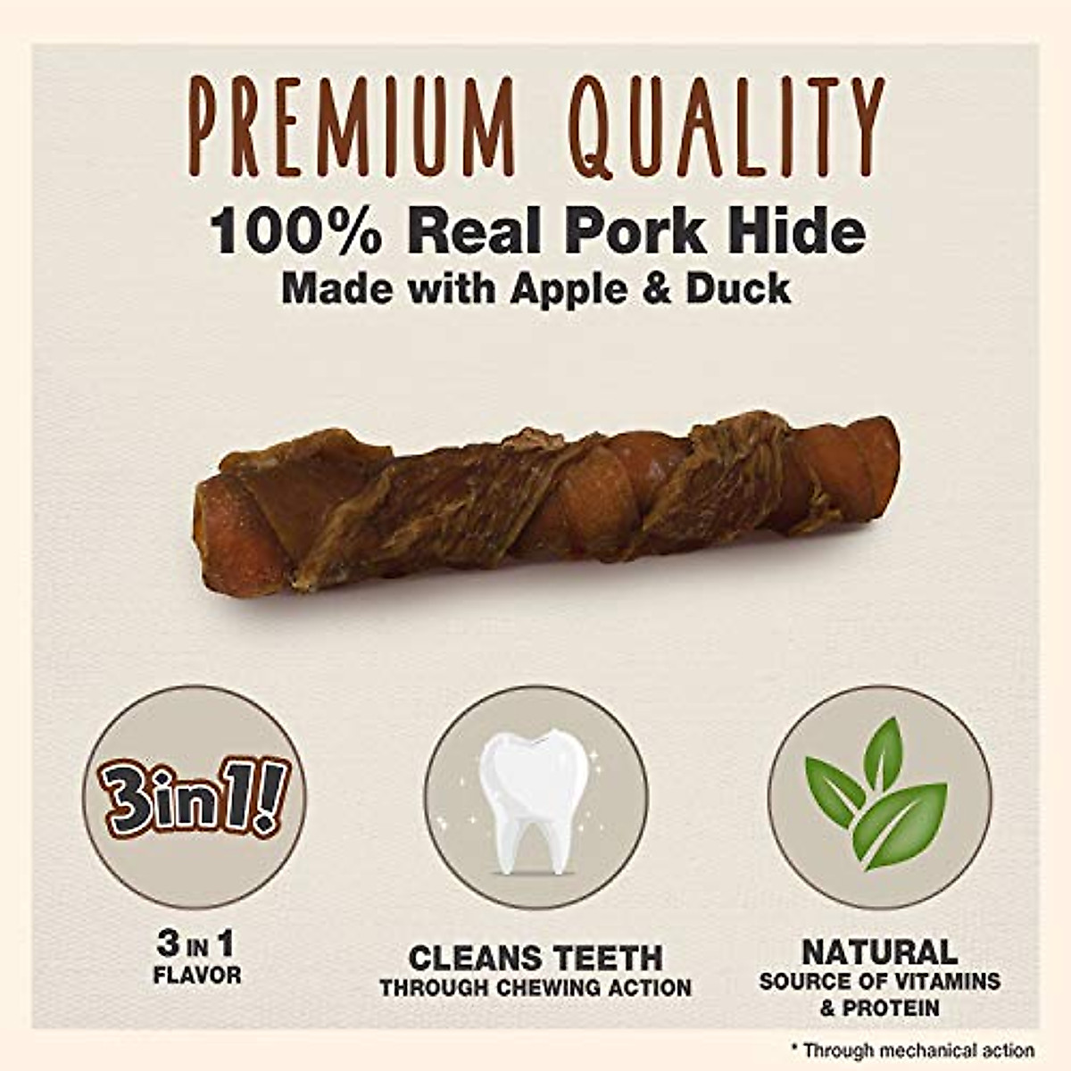 Cadet Gourmet Triple Chews Pork Hide, Apple, & Duck Dog Treats - Healthy Dog Treats for Small & Large Dogs - Inspected & Tested in USA (6 Count)