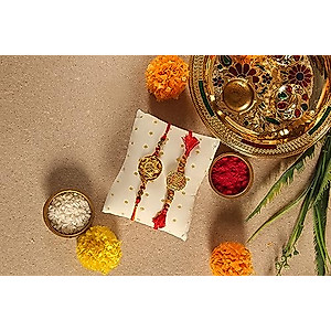 ARTISENIA Rakhi for Brother Set of 2 Rakhi Set | Raksha Bandhan Greeting Card | Roli Chawal Tika - Raksha bandhan Bro Rakhi for Brother Designer Kundan Rakhi | Rakhi for Bhaiya | Rakhi Thread RNJ002