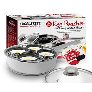 EXCELSTEEL Non Stick Easy Use Rust Resistant Home Kitchen Breakfast Brunch Induction Cooktop Egg Poacher, 4 Cups, 18/10 Stainless Steel