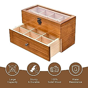 WELLAND Tea Box for Tea Bags Organizer, Tea Storage Chest with Clear Acrylic Window, 2-layer 14 Compartments Large Tea Organizer, Gift Idea