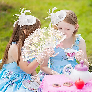 Sintege 4 Pcs Girls Tea Party Set Tea Party Gloves Hats Necklace Fans for Girls(White)