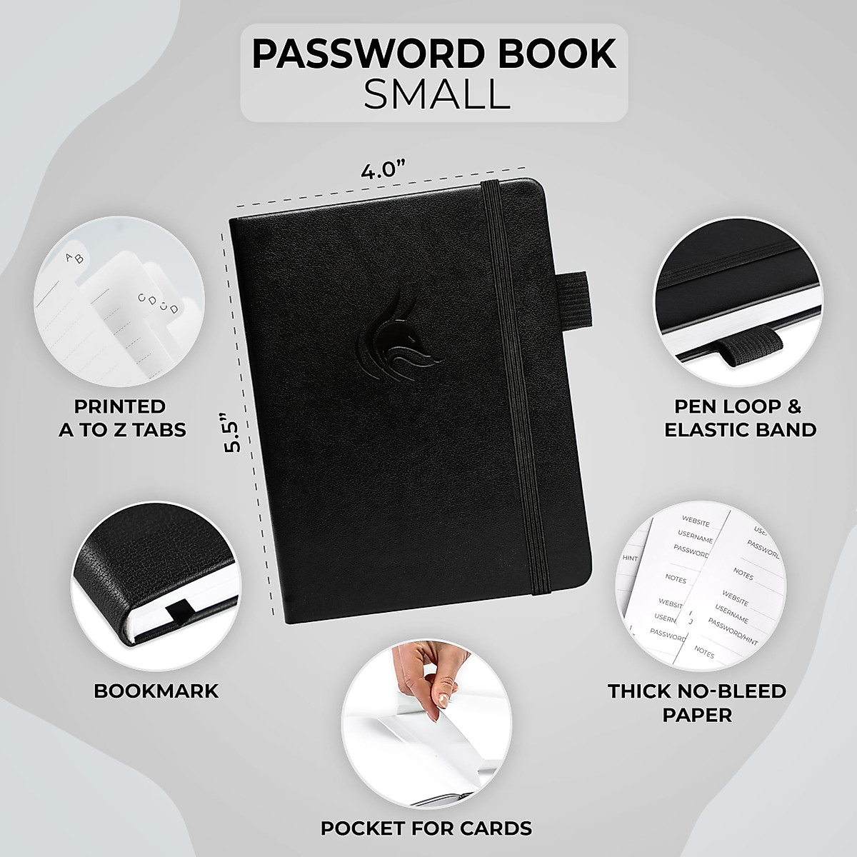 Clever Fox Password Book with tabs. Internet Address and Password Organizer Logbook with alphabetical tabs. Small Pocket Size Password Keeper Journal Notebook for Computer & Website Logins (Black)