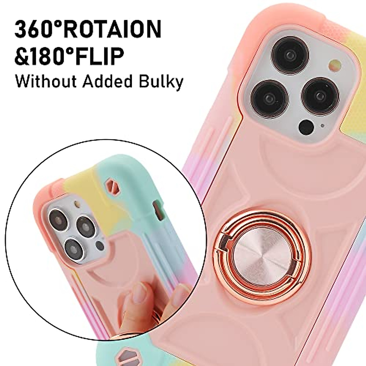 XBO Compatible with iPhone 14 Pro Max Case for Women, Heavy-Duty Military Grade Shockproof Phone Cover with Adjustable Ring Kickstand for iPhone 6.7 2022 Accessories - Colorful Pink