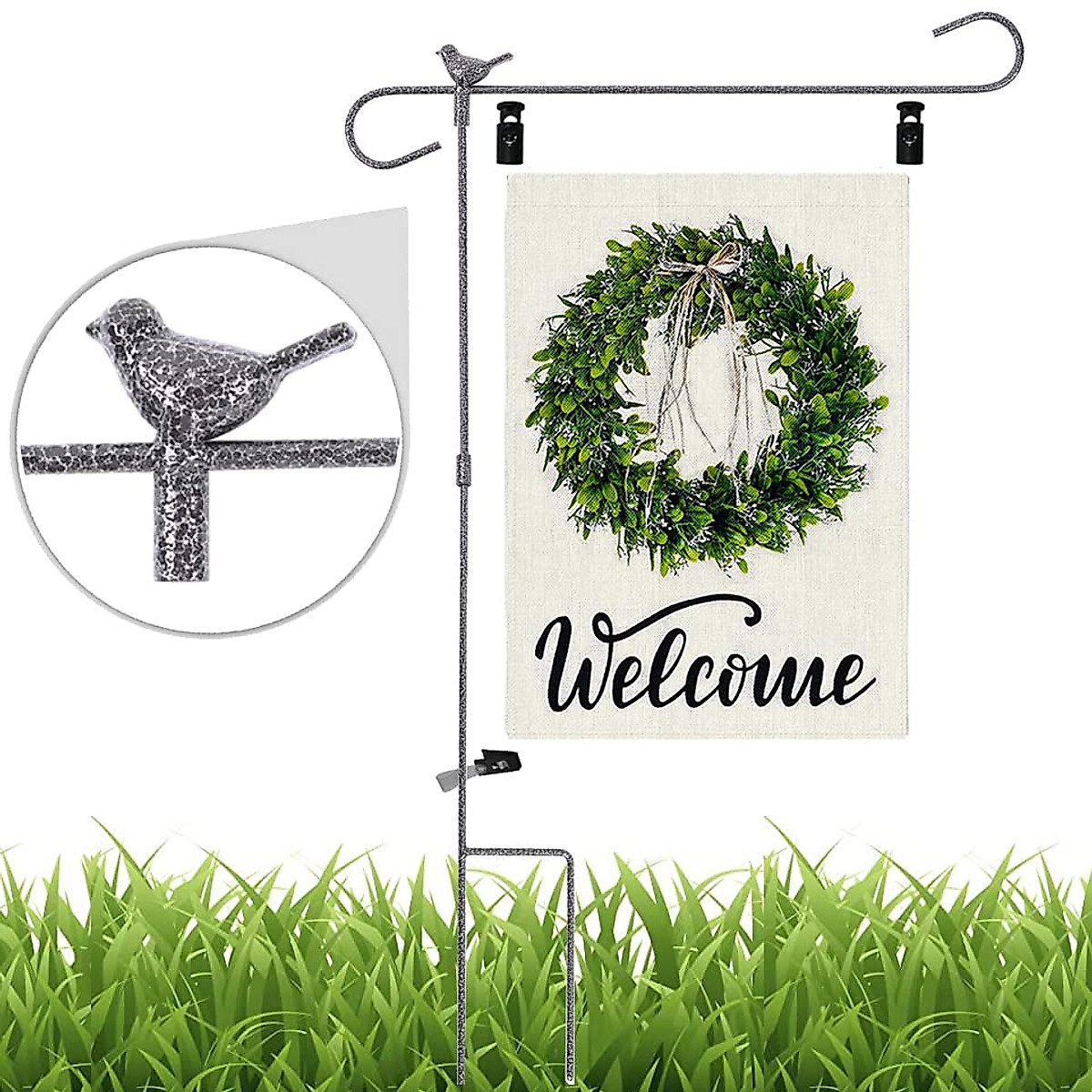 hereex Garden Flag Pole Holder Stand with Bird, Bird Flag Pole Stand for Small Garden Flag 12 x 18, Backyard Flag Stand Heavy Duty Wrought Iron Durable Powder Coating No Flag Black