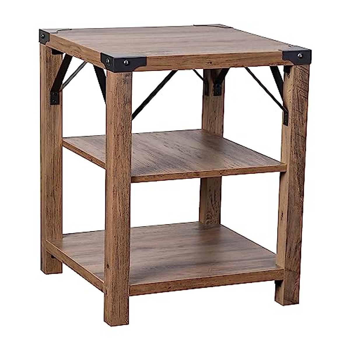 Flash Furniture Wyatt Modern Farmhouse 3 Tier Side Table - Rustic Oak Engineered Wood Frame - Black Metal Crisscross Side Braces and Corner Accents