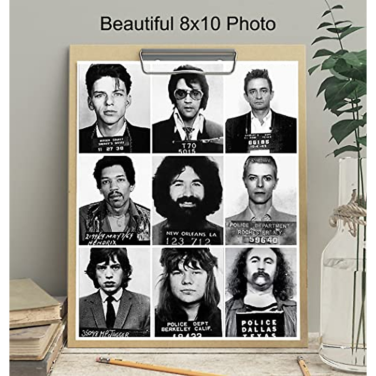 Musician Mugshot Bowie, Elvis, Johnny Cash, Jerry Garcia, Jimi Hendrix, Mick Jagger, Frank Sinatra, David Crosby, Janice Joplin Photo Wall Art - 8x10 Poster Print - Gift For Music Fans - Home Decor