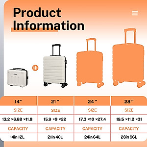 AnyZip 21" Carry On Luggage and 14" Mini Cosmetic Cases Luggage Set Hardside PC ABS Lightweight USB Suitcase with Wheels TSA (2-Piece Set (14/21),White)