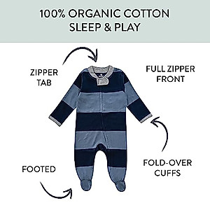 HonestBaby Sleep and Play Footed Pajamas One-Piece Sleeper Jumpsuit Zip-front PJs Organic Cotton for Baby Boys, Unisex, Rugby Stripe Navy, 0-3 Months