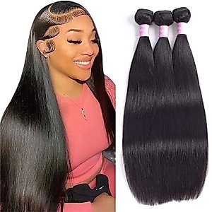Abbily Straight Human Hair Bundles 16 18 20 Inch-10A Brazilian Virgin 3 100% Unprocessed Natural Black Color