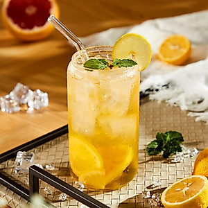 Pouheshi 4pcs Glass Cups with Lids and Straws, 16OZ Beer Can Shaped Drinking Glasses Set, Iced Coffee Cup, Glass Tumbler with 1 Cleaning Brush, Ideal for Cocktail, Whiskey, Tea