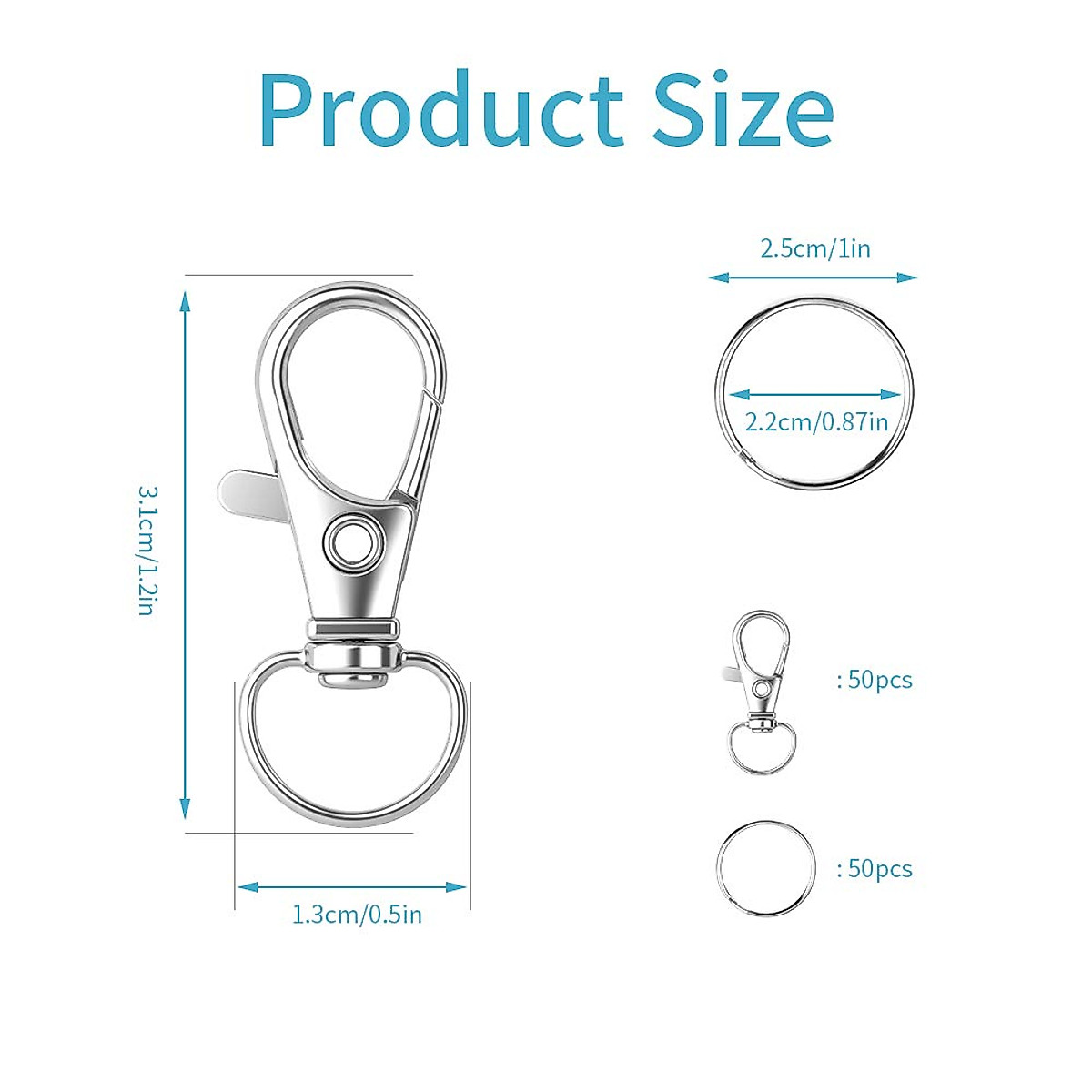 100PCS Keychain Hooks with Key Rings, Metal Swivel Lobster Claw Clasps, for Keychain Clip Lanyard, Jewelry Making, Crafts (Silver)