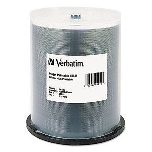 Verbatim CD-R Printable Recordable Disc, 700 MB, 52x, Spindle, White, 100/Pack