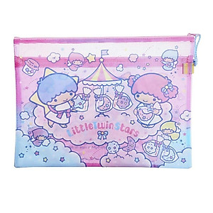 Little Twin Stars Double-Deck Zipper Folder A4 Paper Document File Case F4 Vinyl Pouch with Mesh