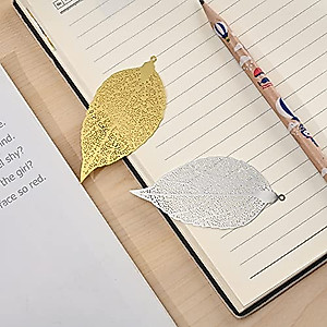 IUAQDP 8 Pieces Metal Leaf Hollow Bookmark with Hanging Hole, Leaf Vein Book Marker, Mesh Plant Page Marker for Bookworm Writer Reader Student Teacher Office School Stationery Accessory, Gold & Silver