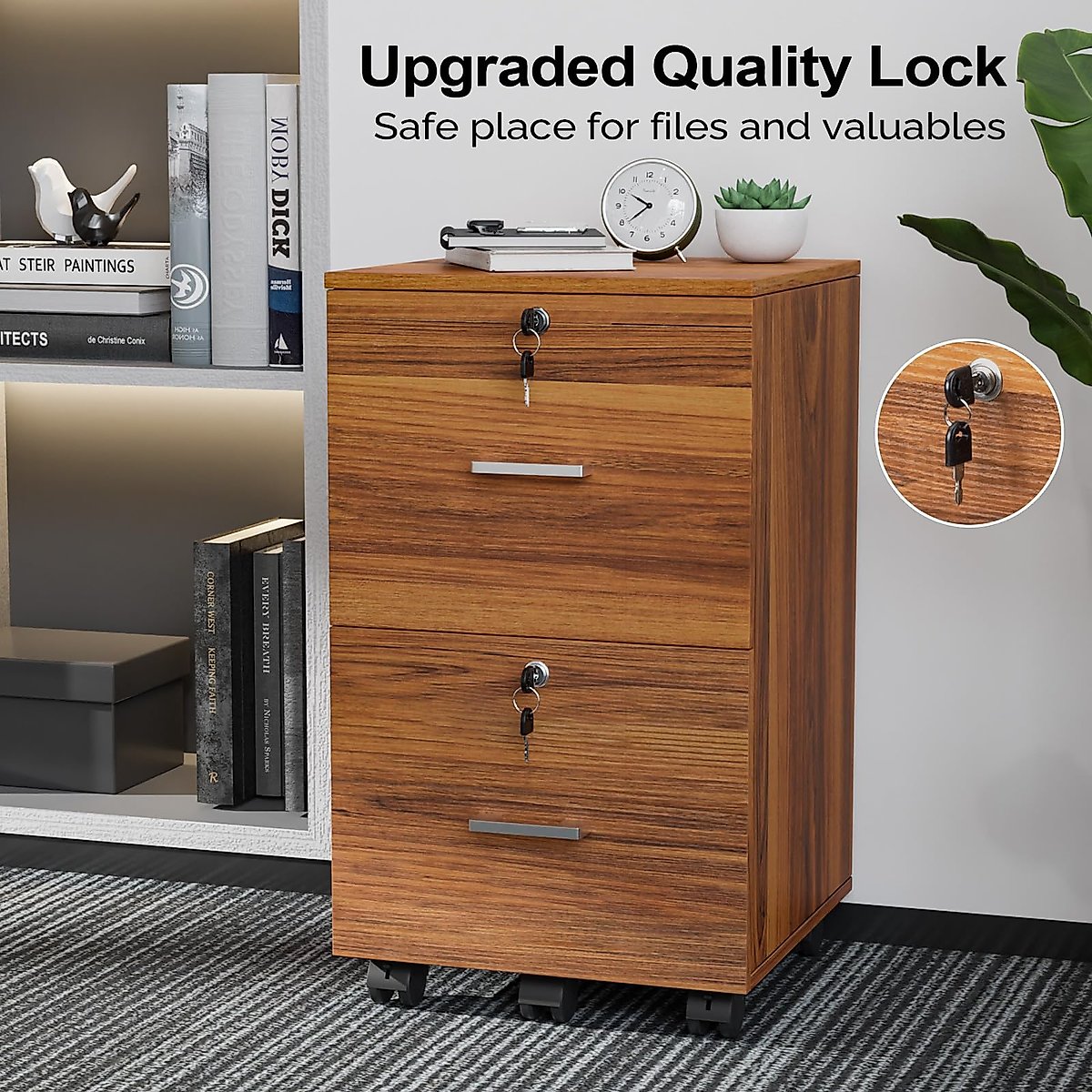 VINGLI 2-Drawer Rolling File Cabinet with Lock, Wood Mobile Filing Cabinet for Hanging Letter Size Filings Under Desk File Cabinet for Home Office, Assembly Required, Classic Walnut, 26.5" H