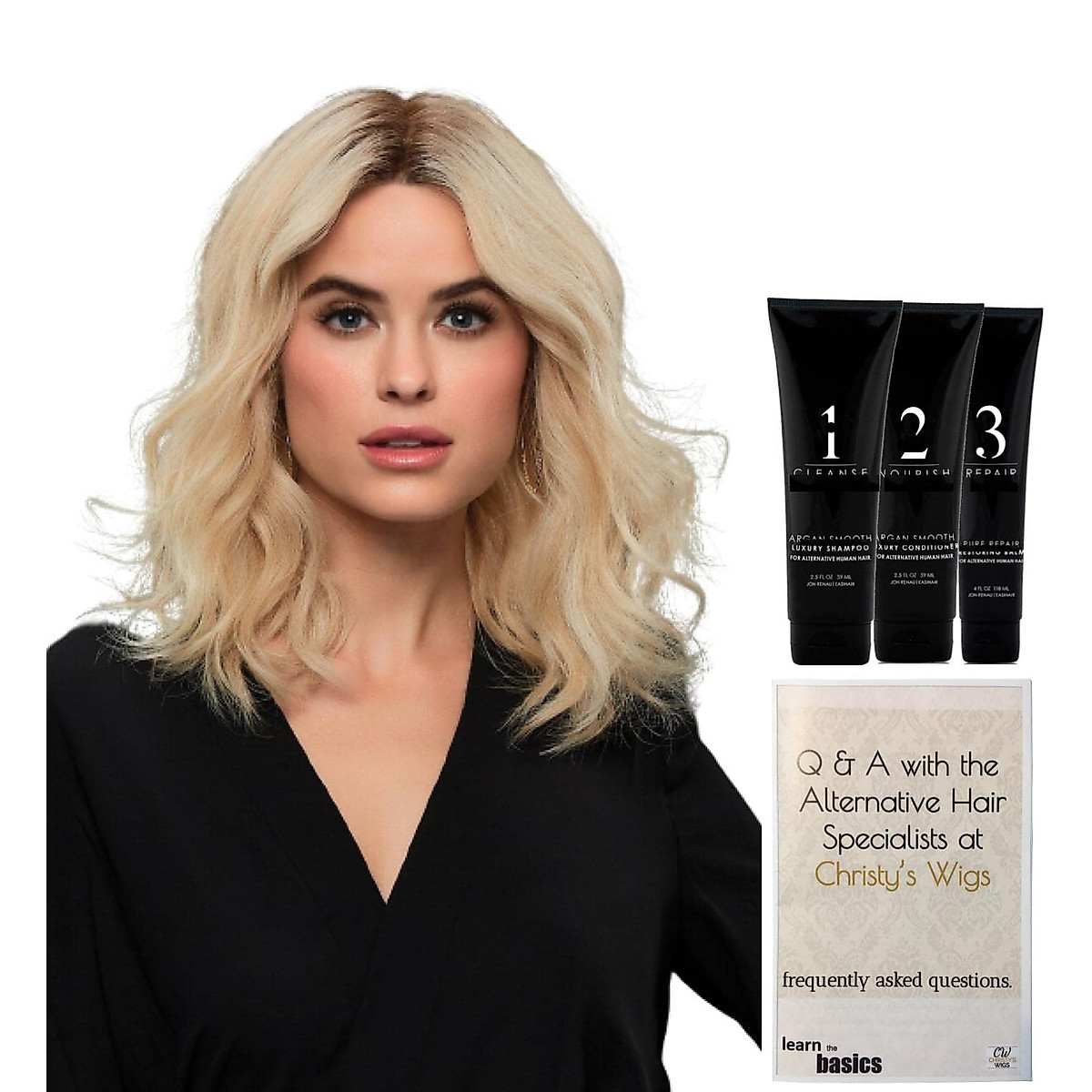 Bundle - 5 Items: Margot Remy Human Hair by Jon Renau, Christy's Wigs Q & A Booklet Luxury Shampoo & Conditioner & Pure Repair Restoring Balm - Color: FS26/31