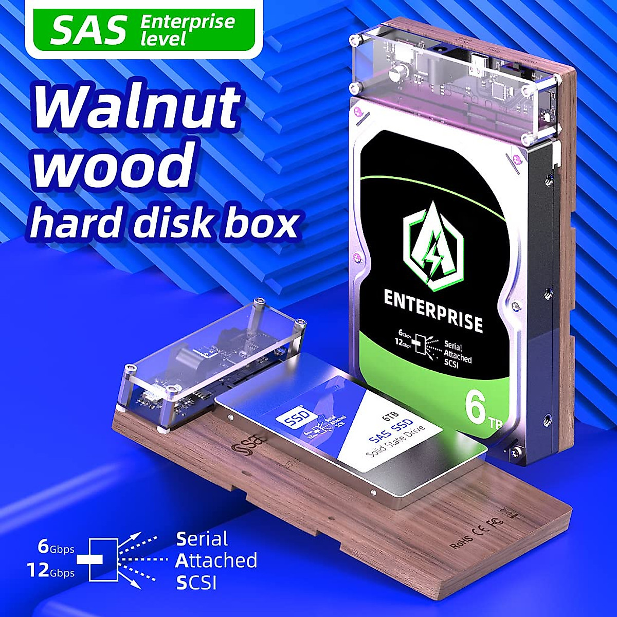 FEIFANZHE Walnut SAS to USB3.0 Adapter 2.5 or 3.5 inch SSD/HDD External SAS Hard Drive Docking Station Adapter Enclosure for RPM SAS 6/12Gbps Enterprise Hard-FSASM1