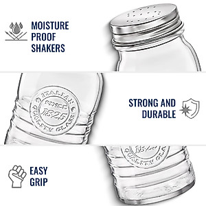 Bormioli Rocco Officina 1825 Salt And Pepper Shaker, Set Of 2, Clear, 8 Oz. Stain Resistant, Durable Glass Jars, Dishwasher Safe.