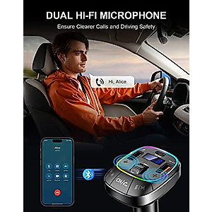 RIWUSI Bluetooth Car Adapter, [PD 30W+QC 3.0] [Stronger Dual Mic & Bass Boost] Bluetooth 5.0 FM Transmitter for Car, Hands-Free Music Player/Car Kit with Stunning 8 Colors Backlit & U Disk