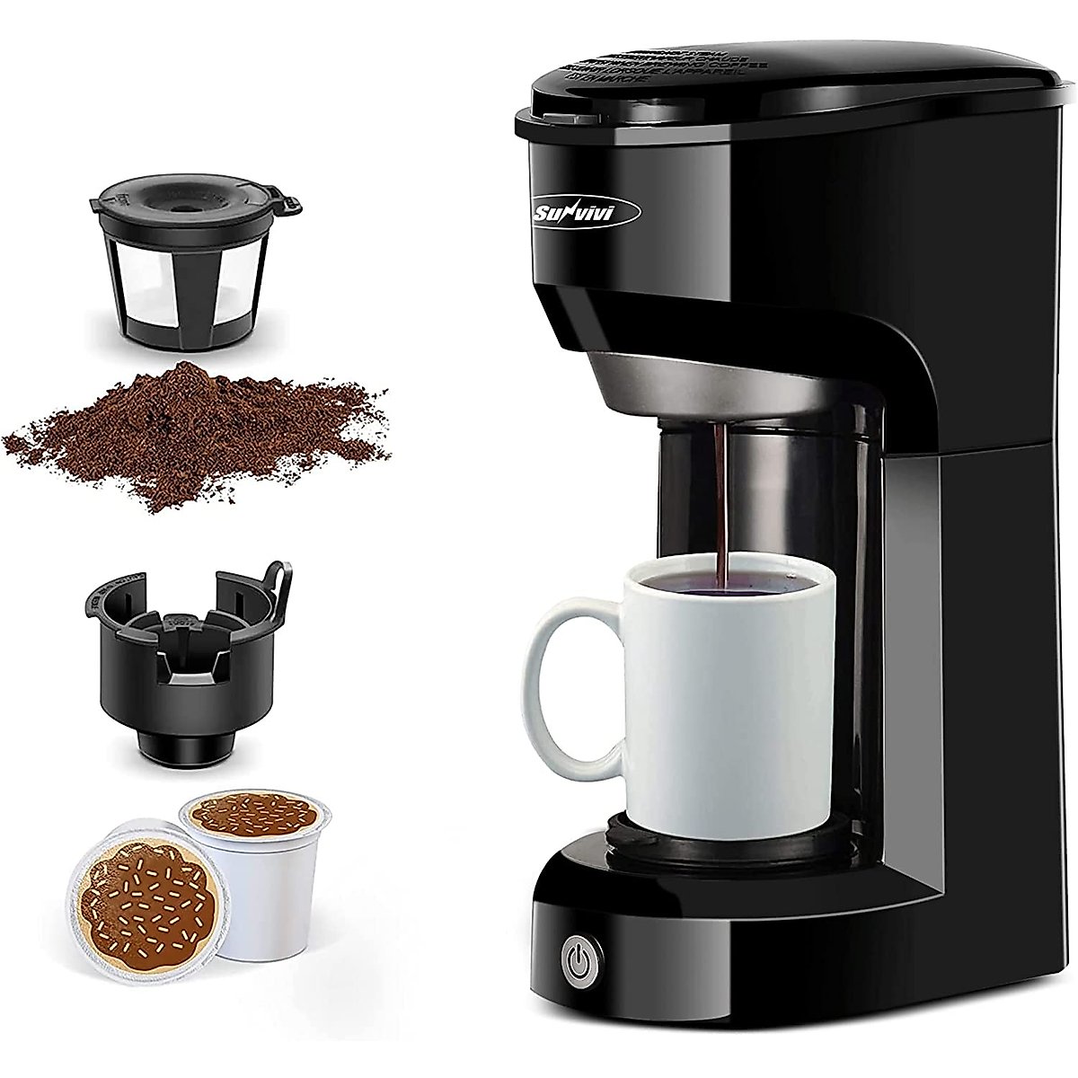 Sunvivi Coffee Maker, Single Serve Brewer for Single Cup, One Cup Coffee Maker With Permanent Filter, 6oz to 14oz Mug, One-touch Control Button with Illumination, Black (ETL Certified)