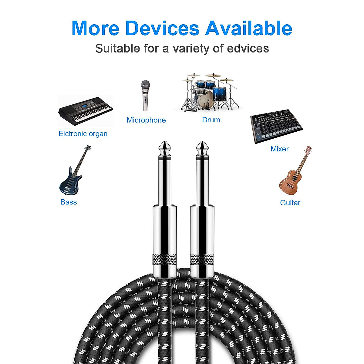 RIYO Guitar Cable 10 Feet Electric Instrument Cable 1/4 inch Straight to Straight for Electric Guitar, Bass Guitar, Keyboard, Pro Audio（Black-White）