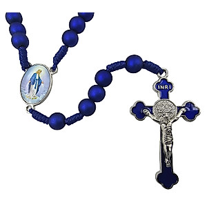 TALISMAN4U Deep Blue Rosary Beads Catholic Prayer Necklace with Saint Benedict Crucifix Our Lady of Grace Medal Religious Gift Rosary Pouch