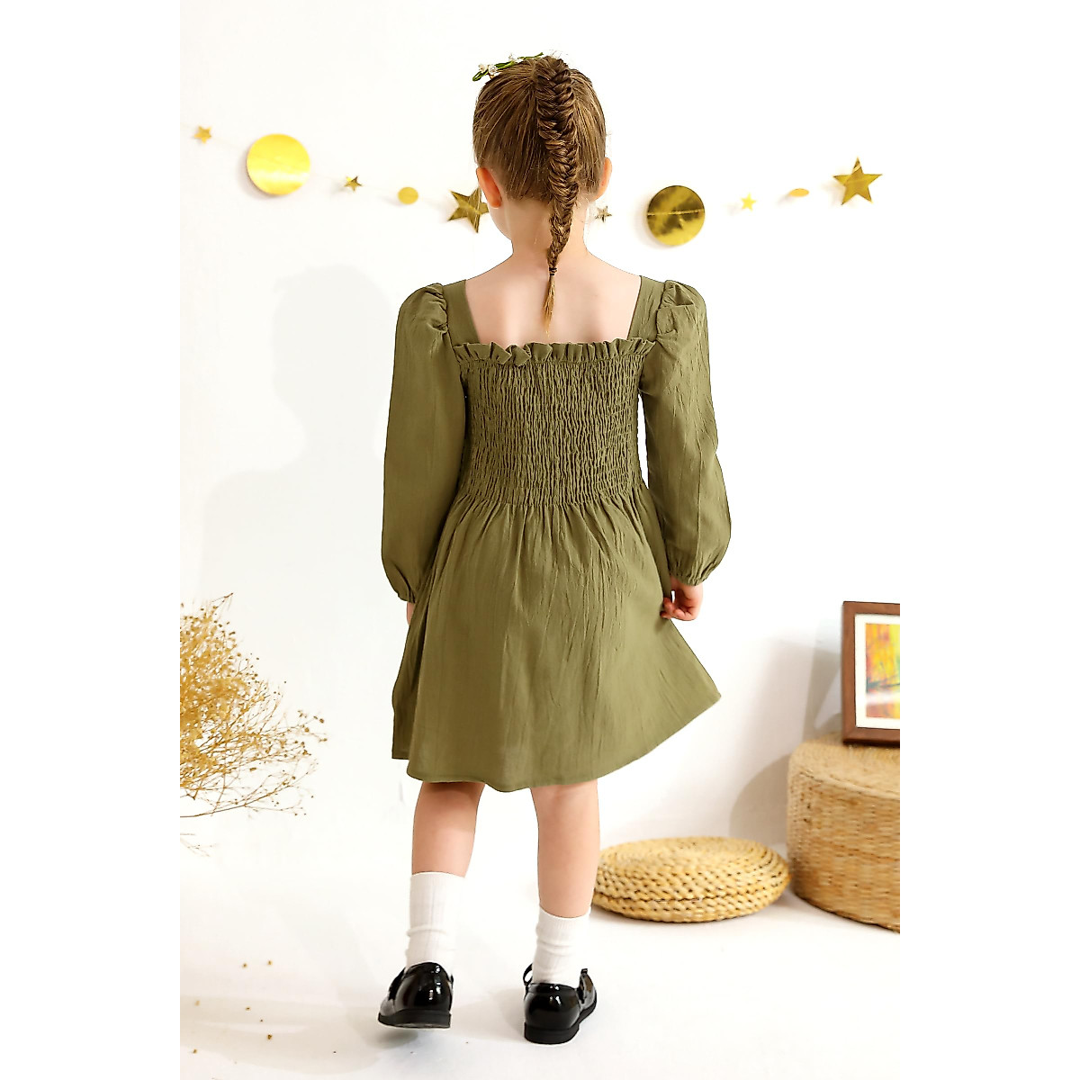 Happy Town Toddler Girl Fall Dress Long Sleeve Play Wear Dress Baby Solid Color Casual Clothes (Green, 3-4 T)