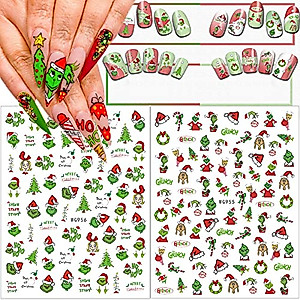 10 Sheets Christmas Nail Art Stickers 3D Nail Art Decals Green Monster Cartoon Nail Decals Self-Adhesive Design Nail Art Supplies Holiday Nail Stickers Winter Christmas Party Nail Decoration for Women