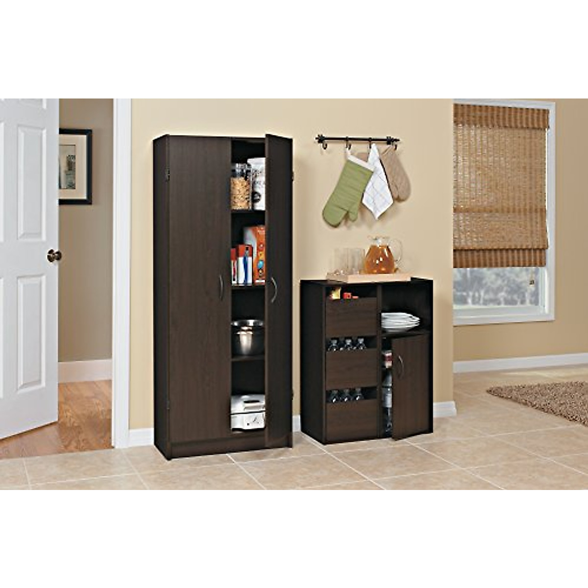 ClosetMaid Pantry Cabinet Cupboard with 2 Doors, Adjustable Shelves Standing, Storage for Kitchen, Laundry, or Utility Room, Espresso & 8925 2-Door Stackable Laminate Organizer, Espresso