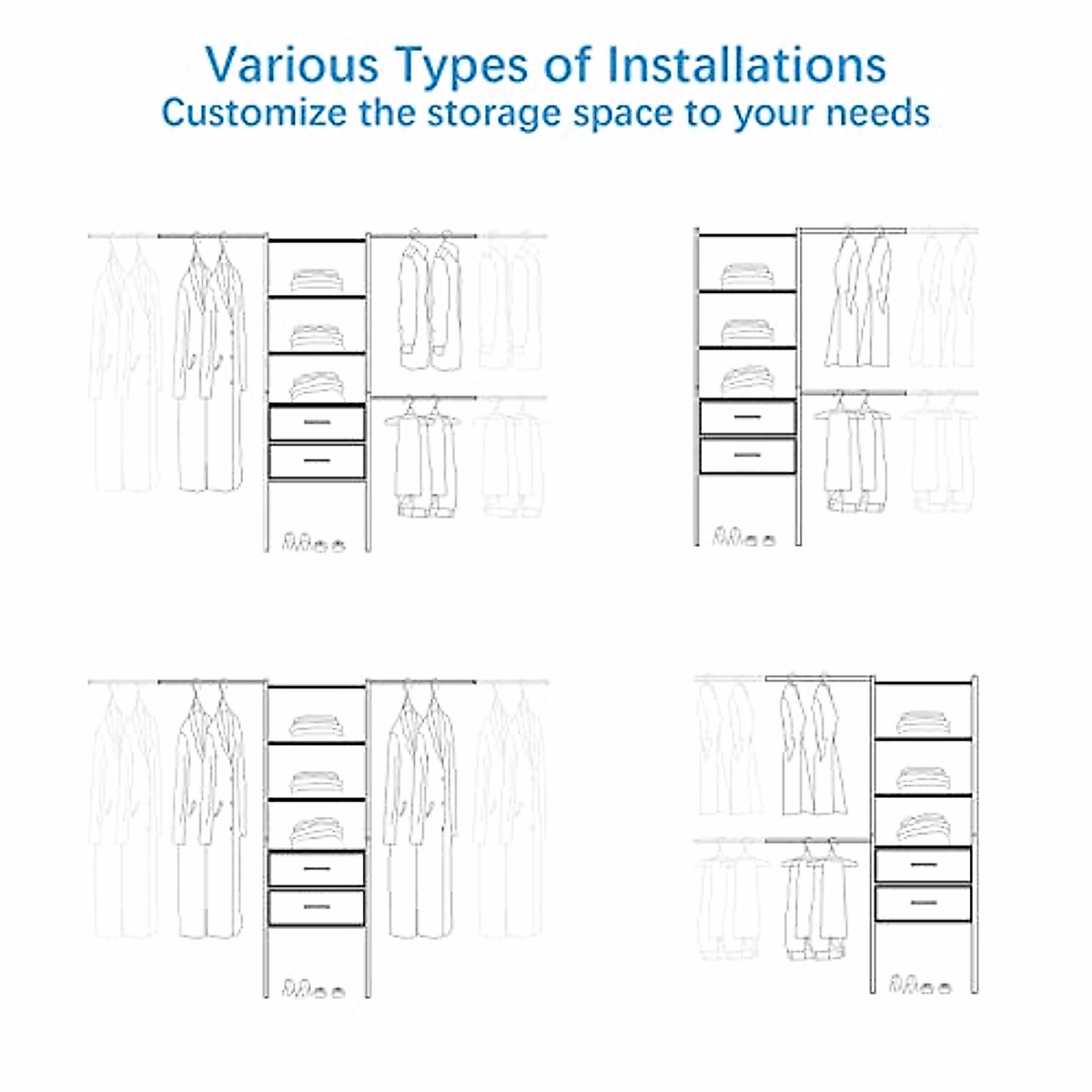 Timate P8 Walk in Closet Organizer System Kit Metal Closet System with Expandable Hanging Rod Custom Adjustable Closet Shelves for Bedroom, 6 to 8.4 FT Storage Rack, Built in Closet Shelving, Black