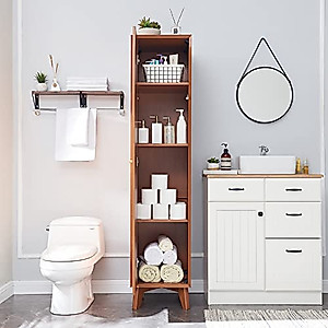 OKD Modern Storage Cabinet, 72" Tall Bathroom Cabinet with Adjustable Shelves, Wood Narrow Pantry for Home,Kitchen,Laundry,Utility Room, Hanging Rod Included (Cherry)