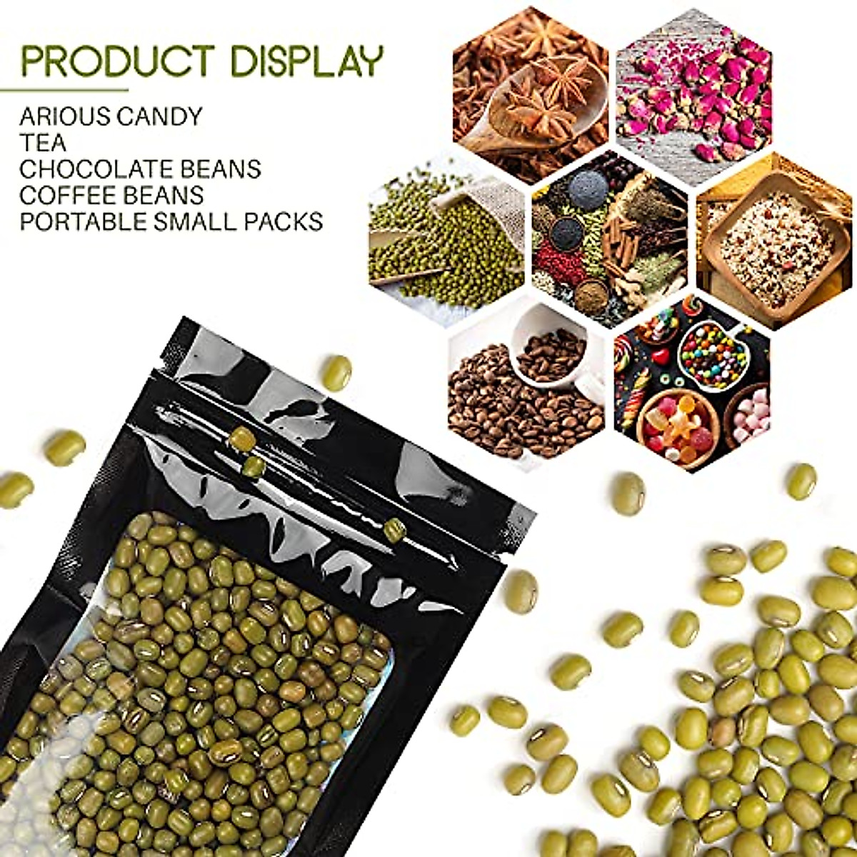 120 PCS Smell Proof Mylar Bags Resealable Holographic Packaging Pouch with Clear Window for Food Eyelash Jewelry Candy Electronics Storage, 4 Sizes (Black) (BLACK)