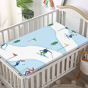 Ski Pattern Themed Fitted Crib Sheet,Standard Crib Mattress Fitted Sheet Ultra Soft Material -Baby Sheet for Boys Girls,52 x 28 Inch,Baby Blue and Multicolor