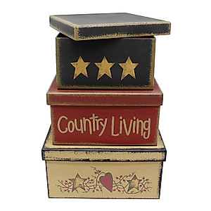 CVHOMEDECO. Farmhouse Square “Country Living” Cardboard Nesting Boxes for Photos Memories Keepsakes, Large 9 X 9 X 4-1/2 Inch. Set of 3.
