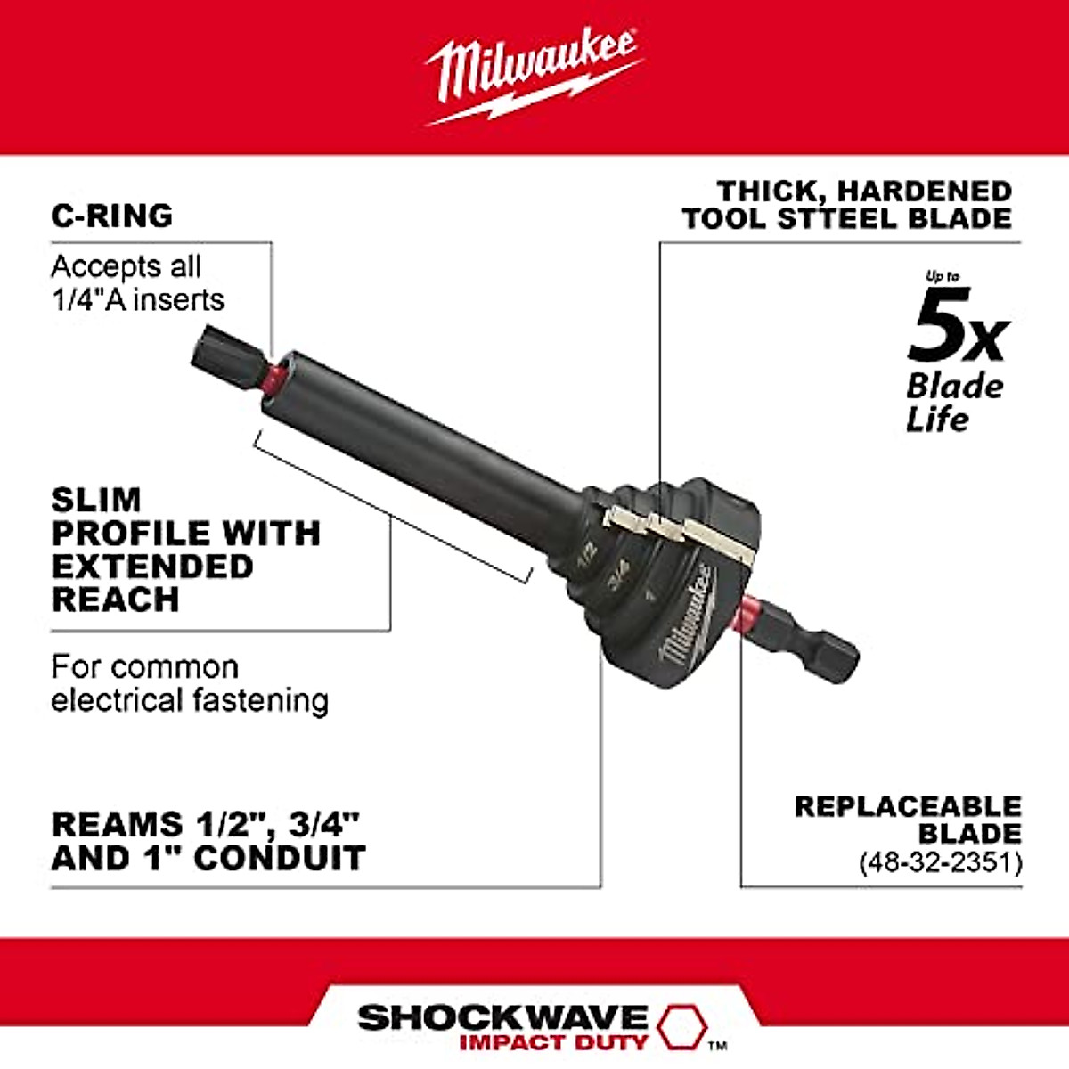 Milwaukee 48-32-2350 SHOCKWAVE Conduit Reaming Bit Holder 1/2in, 3/4in & 1in EMT (Limited Edition)