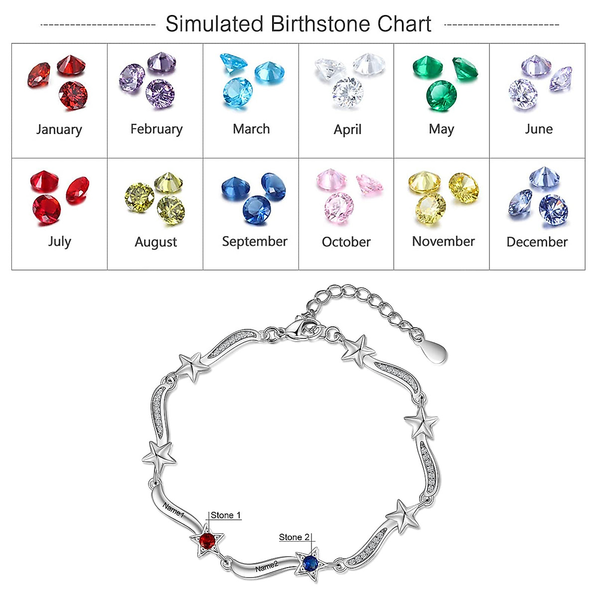 Tian Zhi Jiao Personalized Mothers Bracelets with 2 Simulated Birthstones Engraved Names Bracelets Family Jewelry for Women (2 stones)