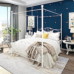 Canopy Bed Frame Platform Bed Frame Morden Design Heavy Duty Steel Slat and Support with Headboard and Footboard No Box Spring Required (Full, White)